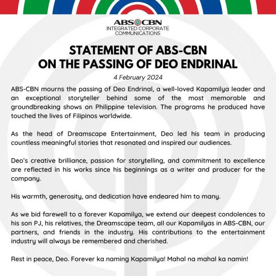 Deo Endrinal death: ABS-CBN official statement – ASTIG: Philippine News ...